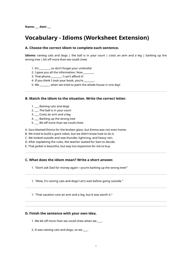 Idioms Worksheet for Grades 2-7 | PDF
