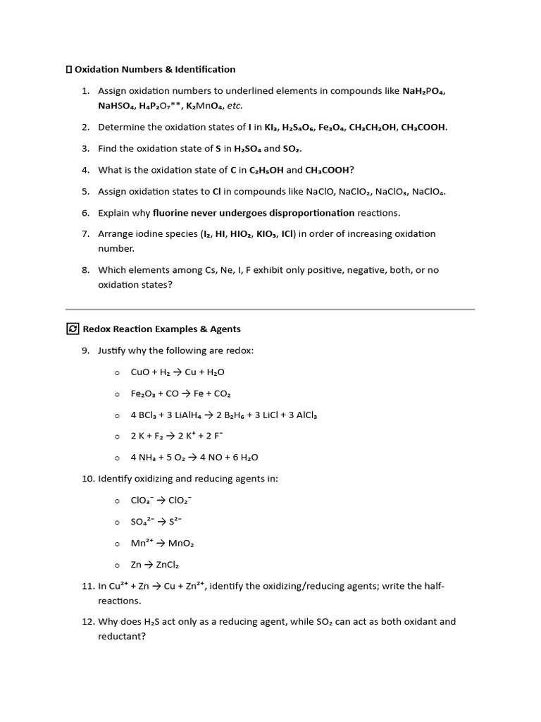 Redox Reactions and Oxidation States Worksheet | PDF | Redox ...