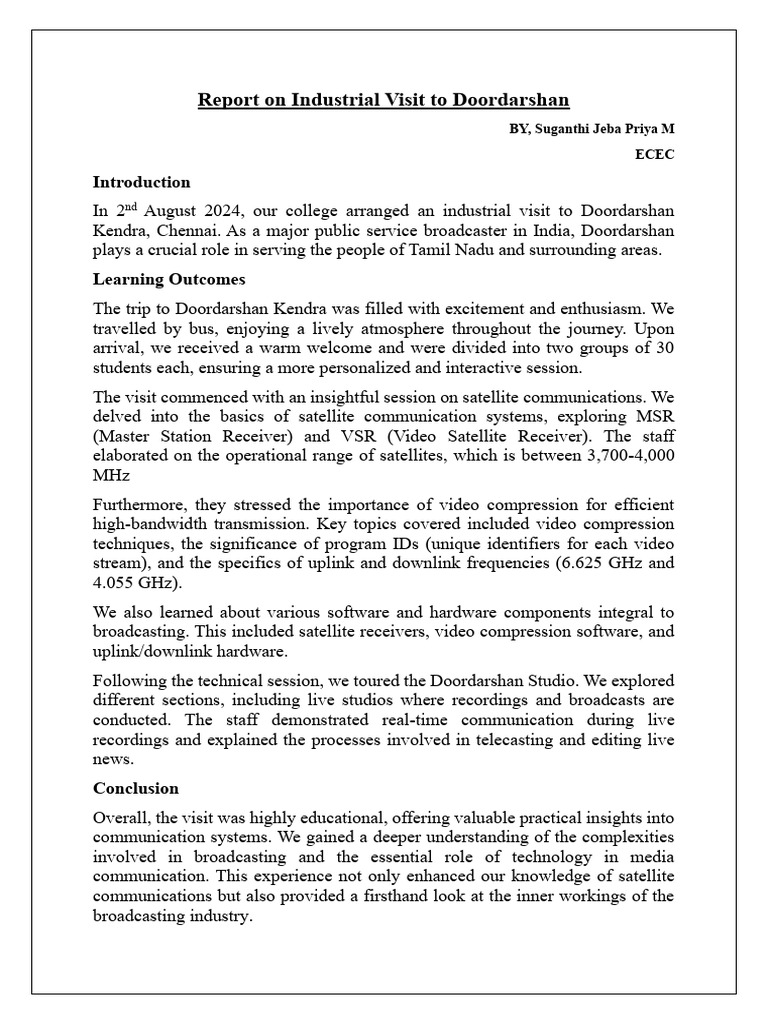 Report On Industrial Visit To Doordarshan FINAL | PDF