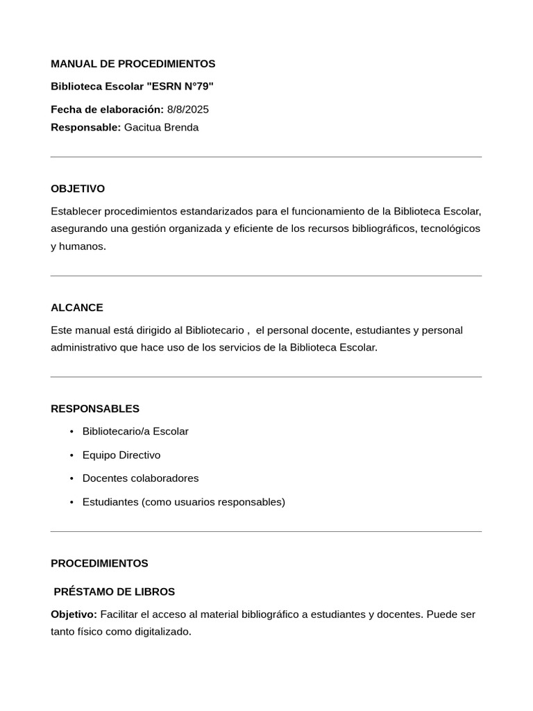 Manual de Procedimiento | PDF | Biblioteca escolar | Bibliotecas