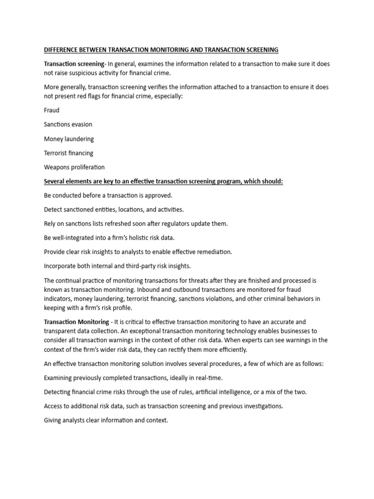 What Is Transaction Monitoring and Transaction Screening | PDF