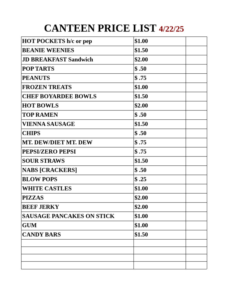 Canteen Price List April 2025 | PDF