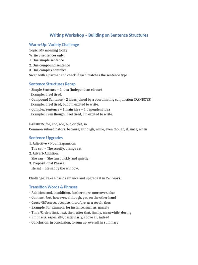 Writing Workshop Student Handout | PDF