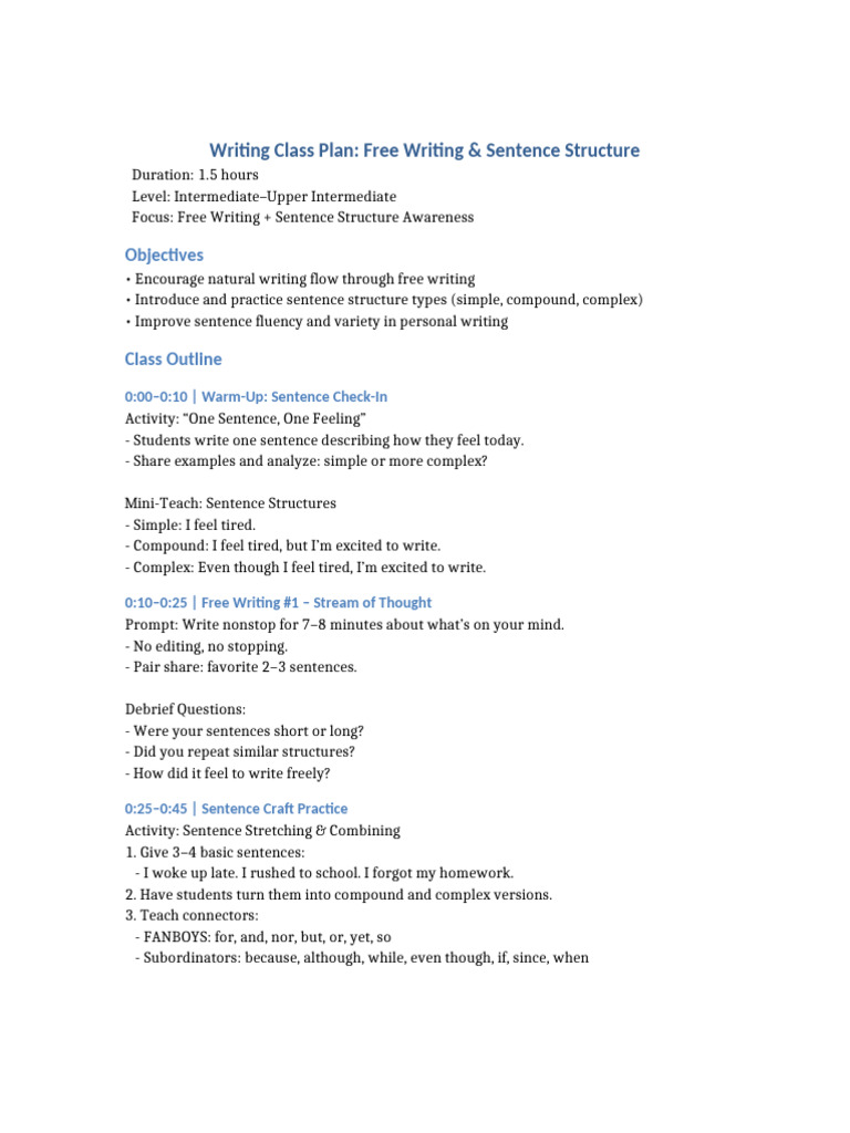 Free Writing & Sentence Structure Class | PDF