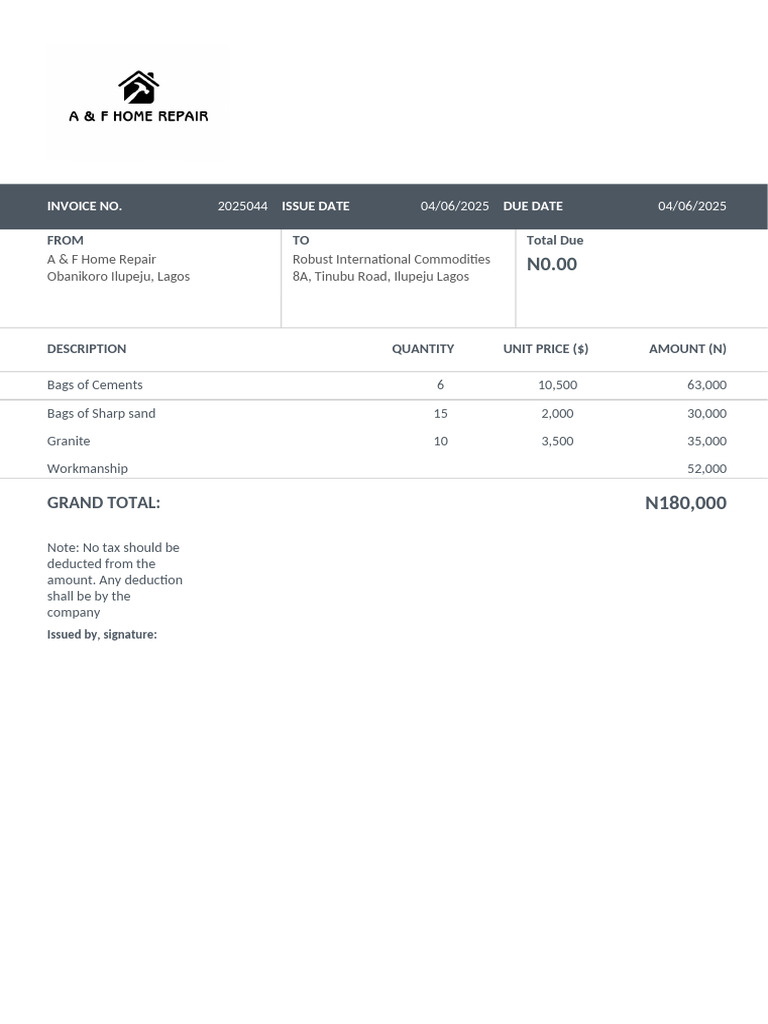 Roof Repair Invoice Template | PDF