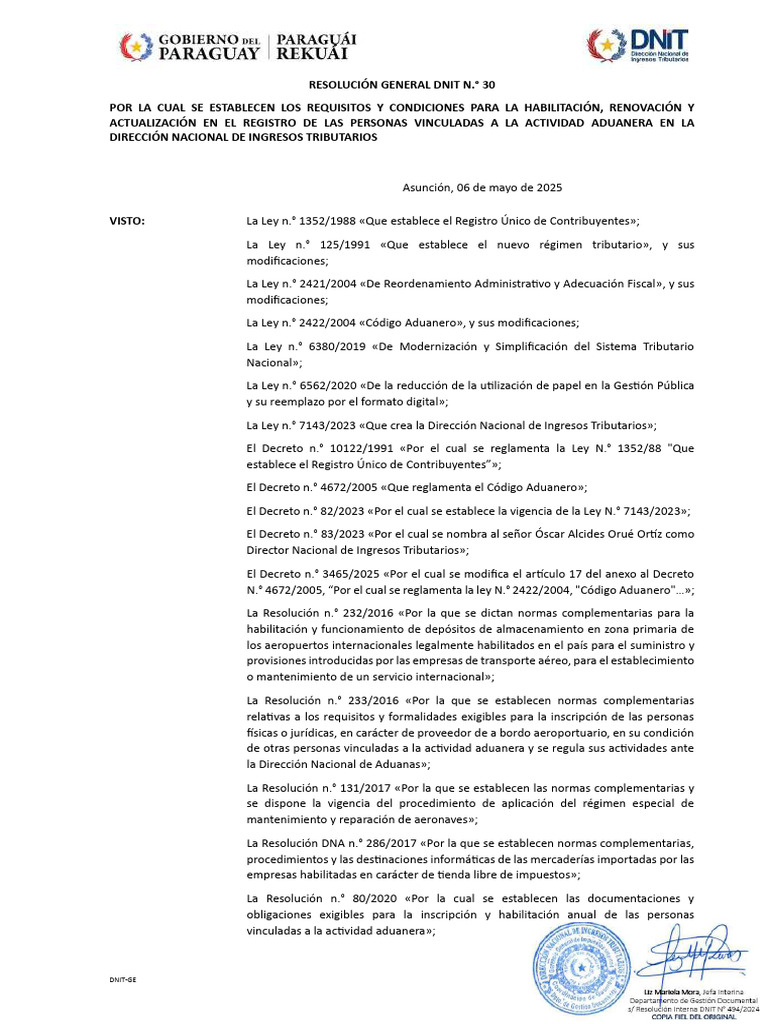 Res. General DNIT #30 - 2025 - PVAA Registro Firma DNIT | PDF | aduana ...
