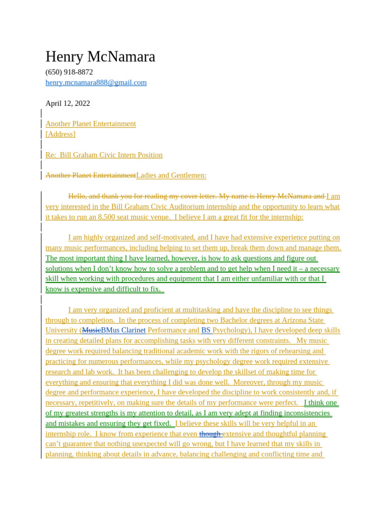 Bill Graham Internship Cover Letter | PDF | Cognition