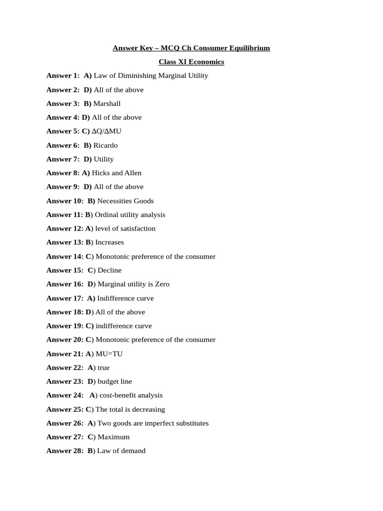 MCQ Answer Key: Consumer Equilibrium | PDF