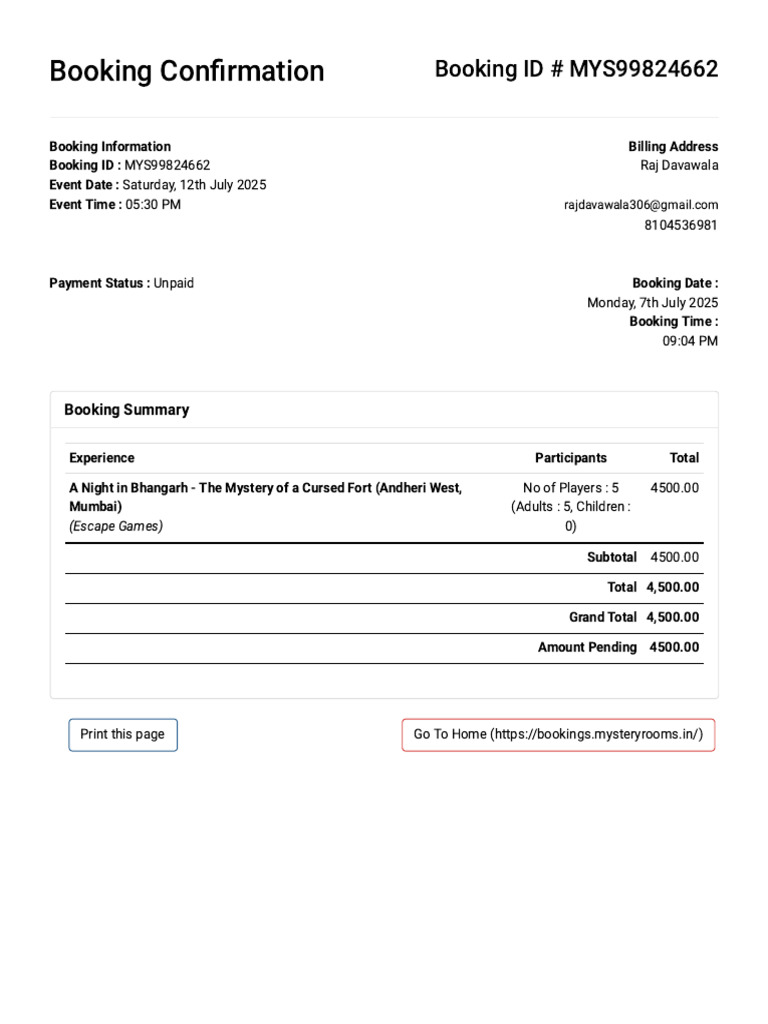 Mystery Rooms - Booking Confirmation | PDF