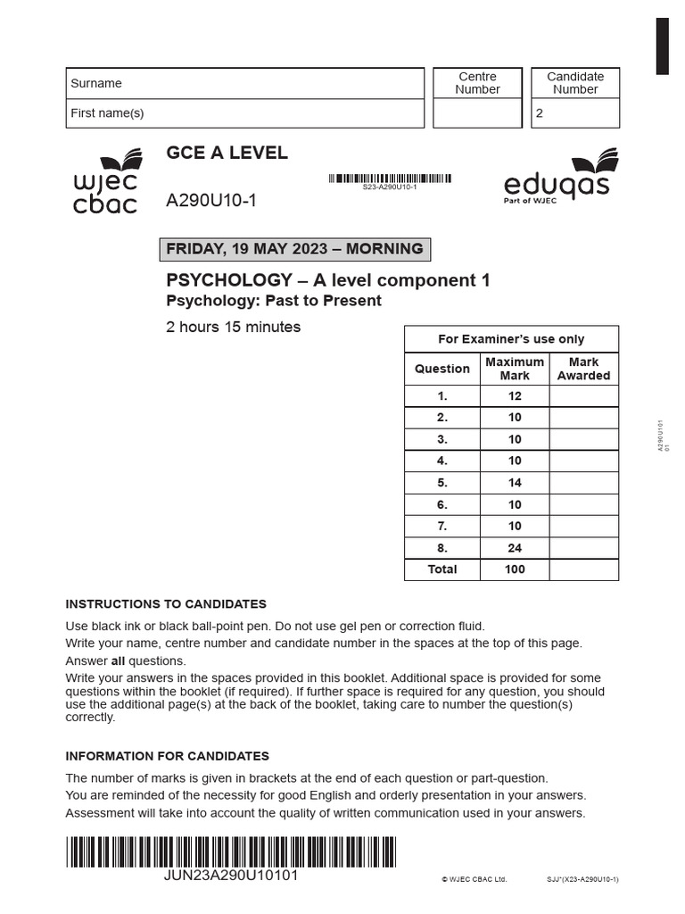 June 2023 QP - Component 1 Eduqas Psychology A-level | PDF | Psychology | Behavioural Sciences