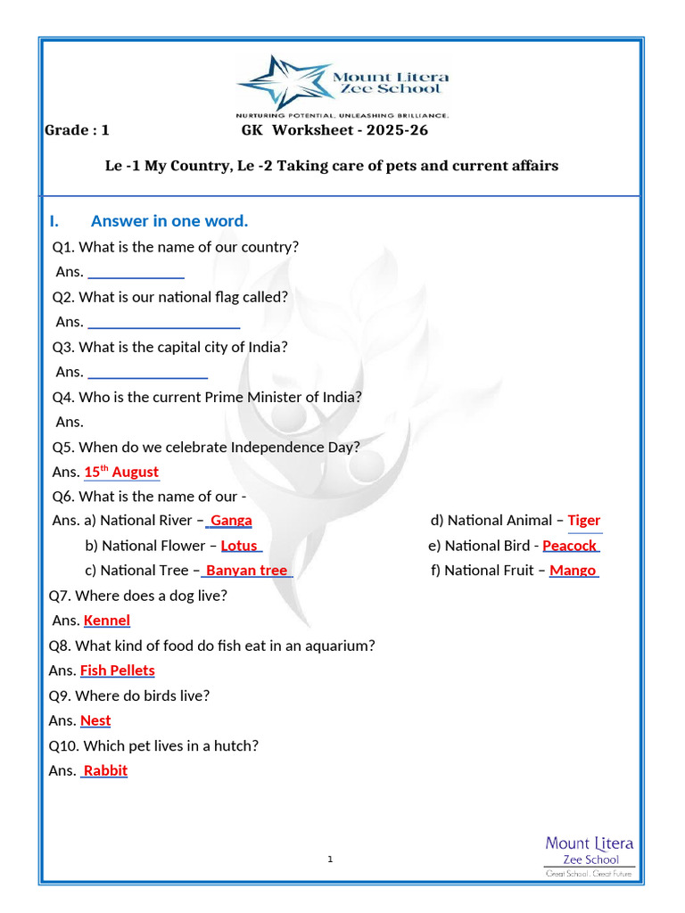 Grade 1 GK Worksheet 2025-26-2 | PDF