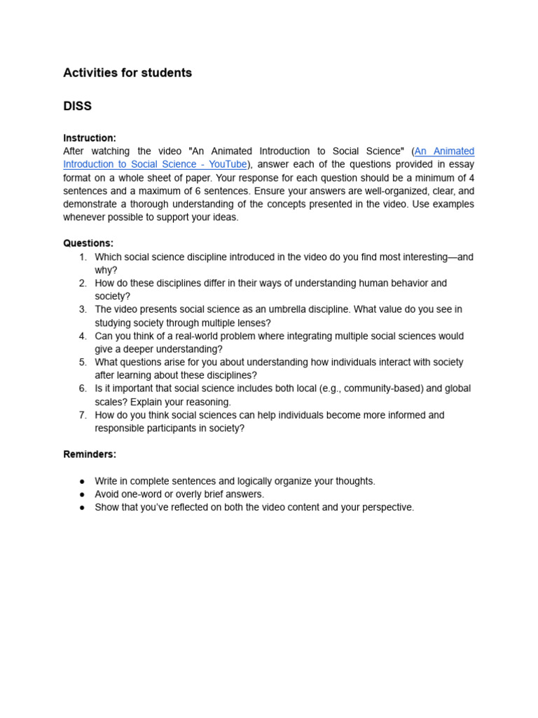Student Activities on Social Science Insights | PDF