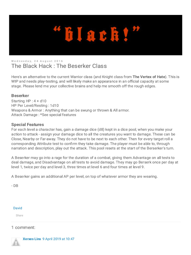 Beserker Class for The Black Hack RPG | PDF