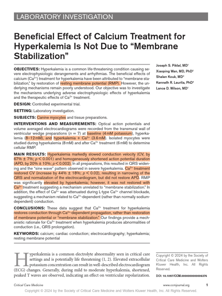 Calcium's Role in Hyperkalemia Treatment | PDF | Calcium In Biology ...