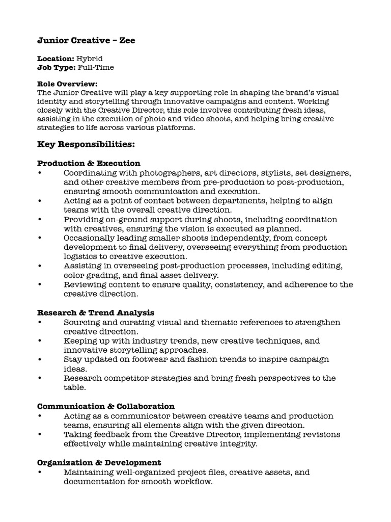 Junior Creative Role at Zee: Hybrid Position | PDF