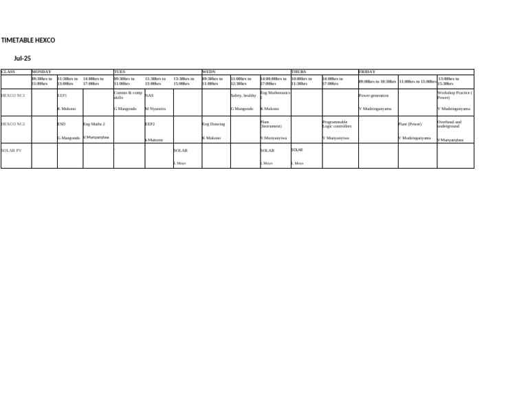 Draft Timetable Hexco-Solar July 2025 | PDF