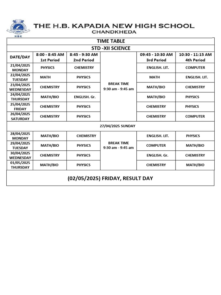 12th Science Time Table 2025 | PDF