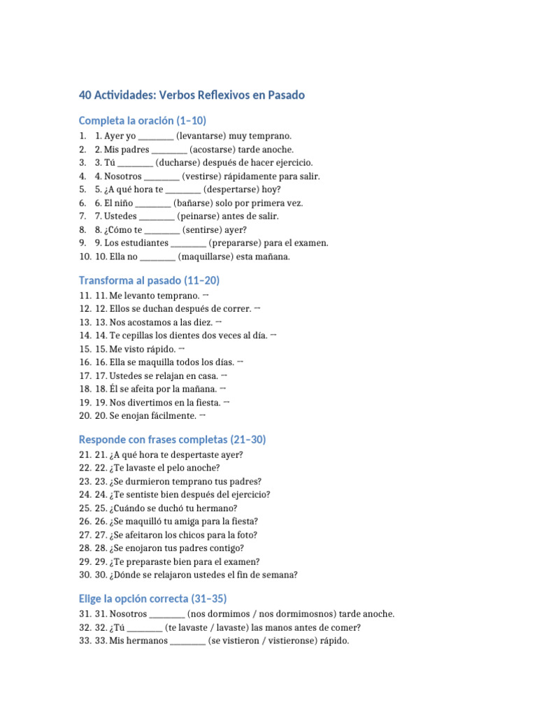 Actividades de Verbos Reflexivos Pasado | PDF