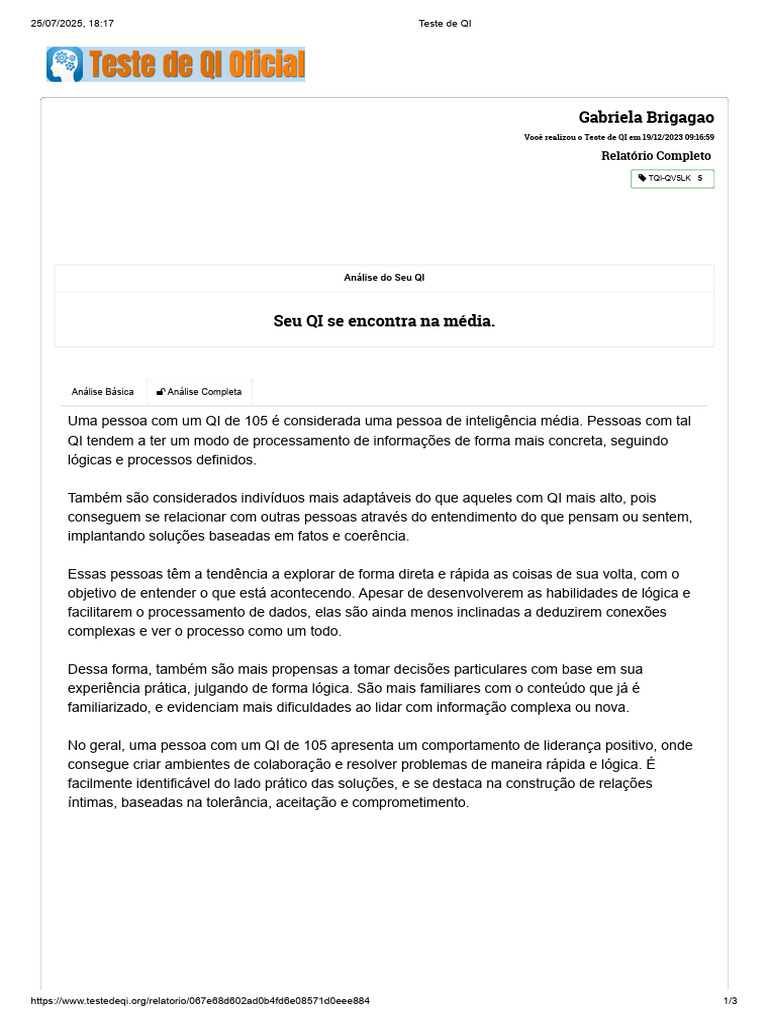 Análise do Teste de QI de Gabriela | PDF | Quociente de inteligência ...