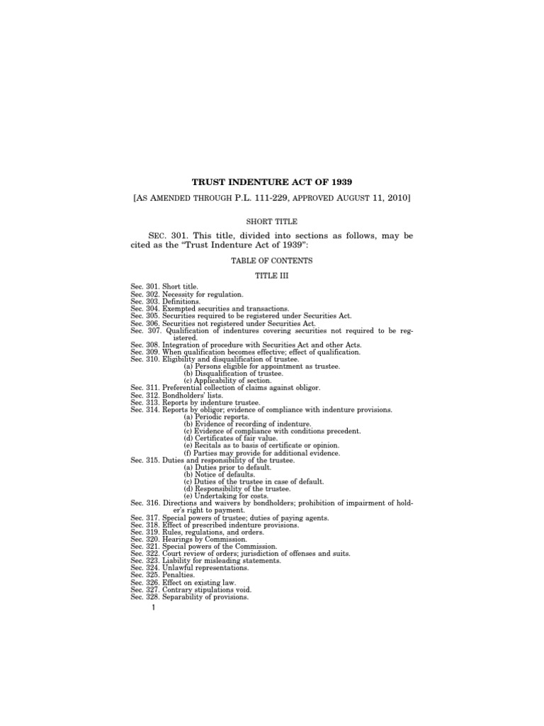 Trust Indenture Act of 1939 | Securities Act Of 1933 | U.S. Securities ...