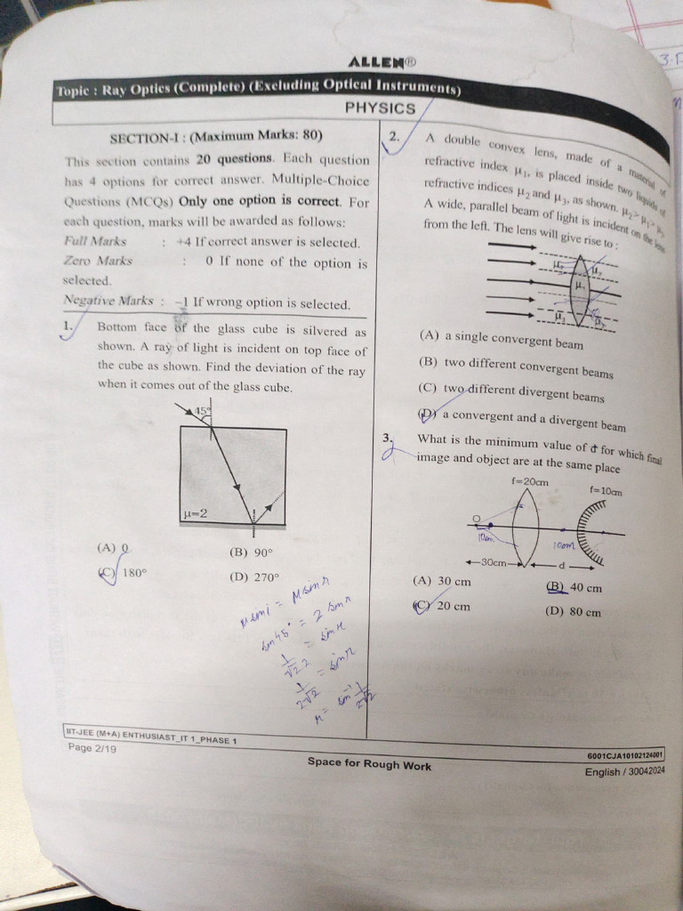 Physics Test Allen Weekly Test | PDF | Mirror | Refraction