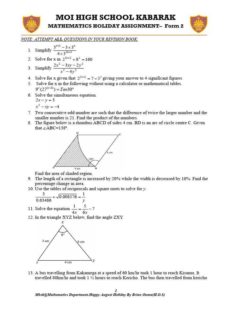 Form 2 Mathematics Holiday Assignment | PDF | Area | Cartesian ...