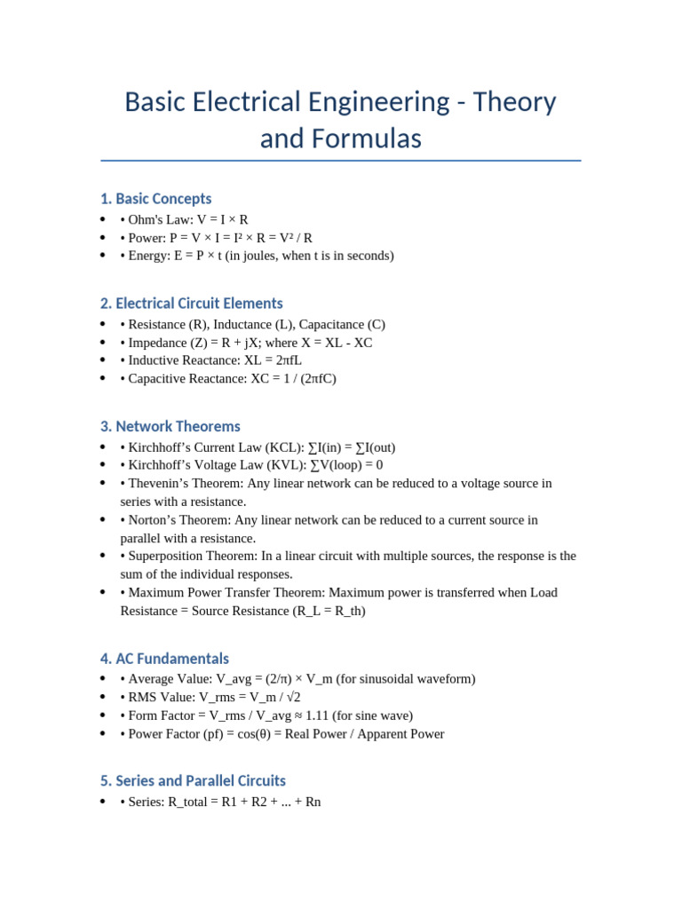 Basic Electrical Engineering Theory and Formula | PDF