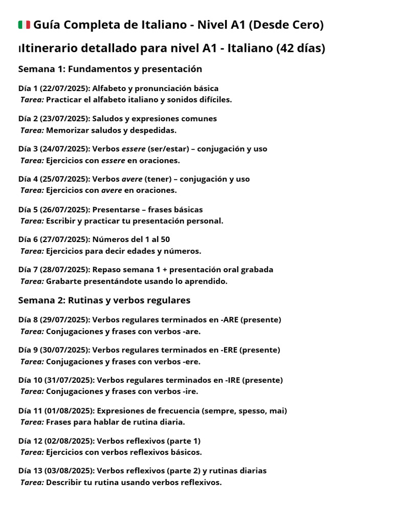 ?? Guía Completa de Italiano - Nivel A1 (Desde Cero) | PDF | Idioma ...