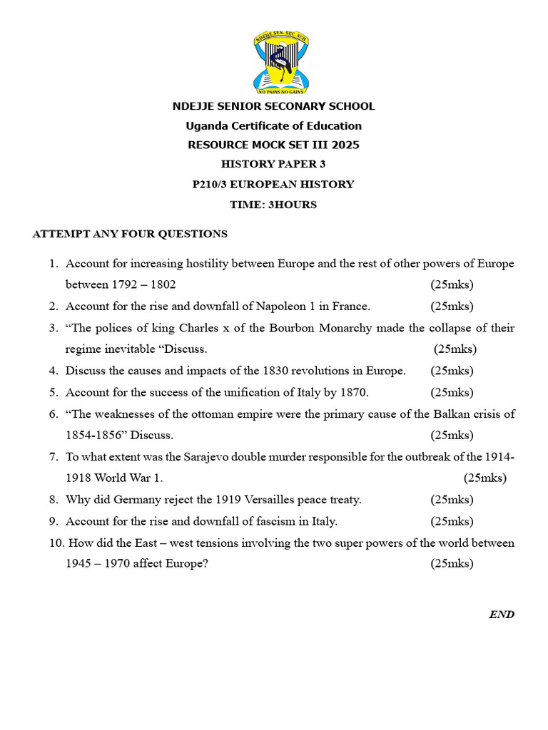 UACE History Paper 3 Mock 2025 | PDF