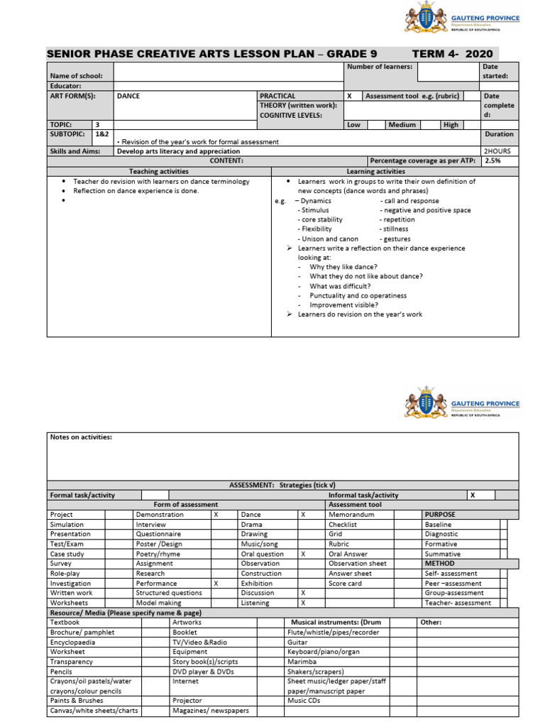 CREATIVE ARTS PROVINCIAL Dance Gr9 T4 C LESSON PLAN 2020 Autosaved | PDF | Learning | Lesson Plan