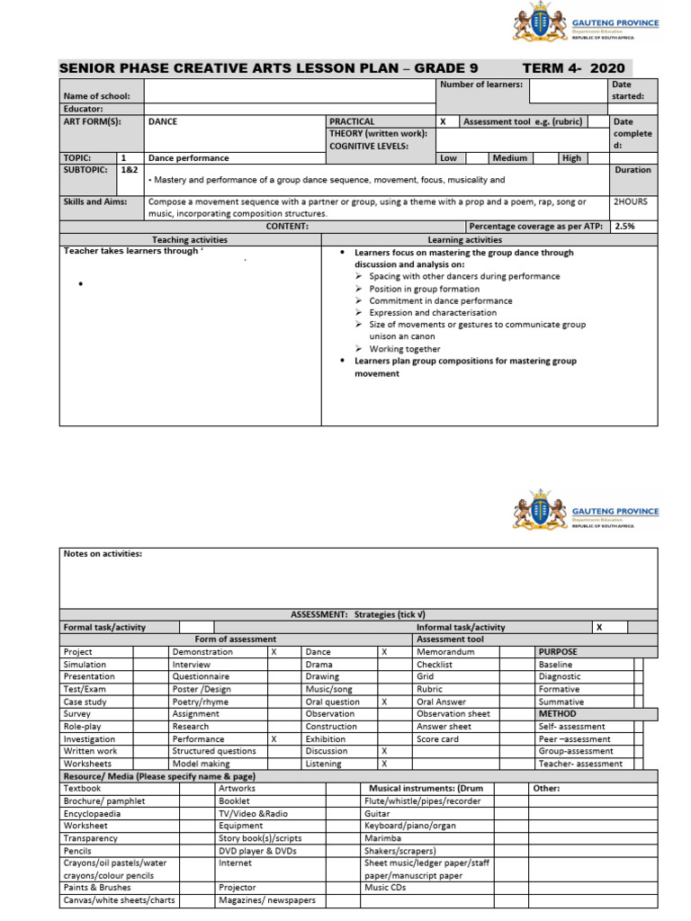 Grade 9 Dance Lesson Plan Term 4 | PDF | Dances | Lesson Plan