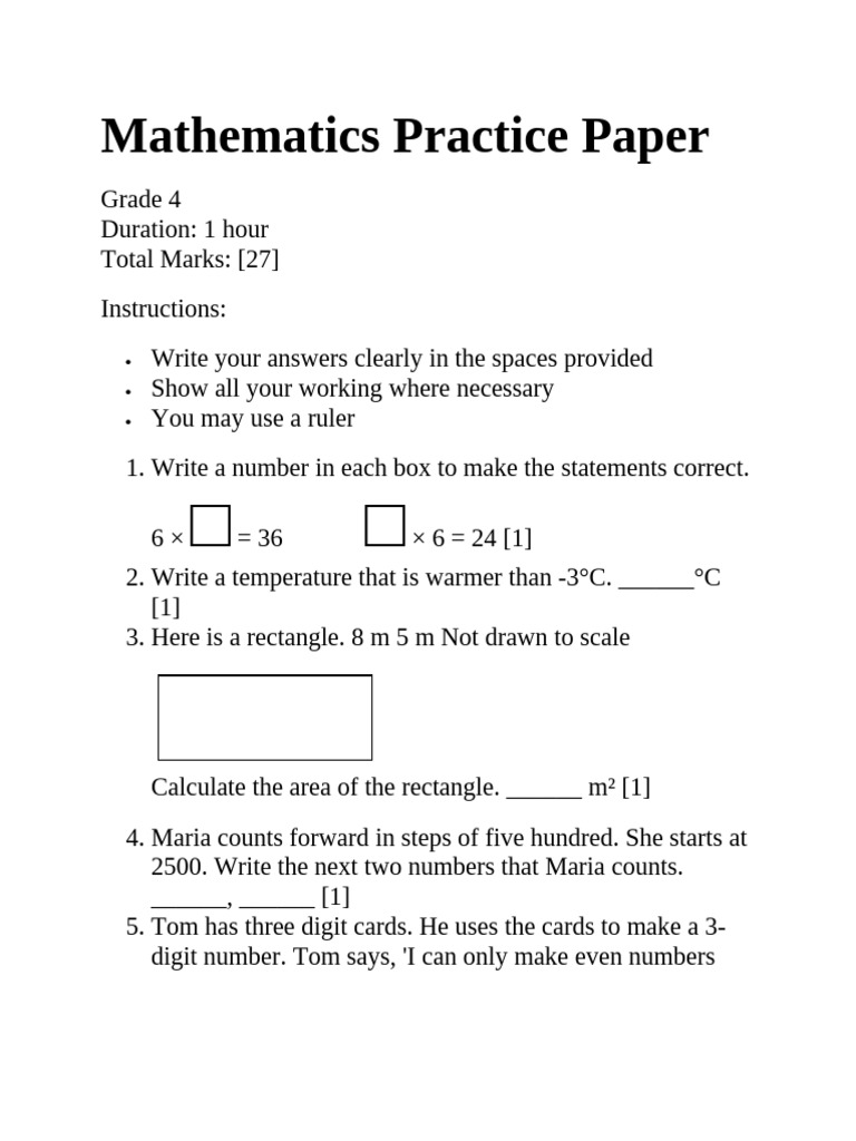 Mathematics Practice Paper Grade 4 | PDF