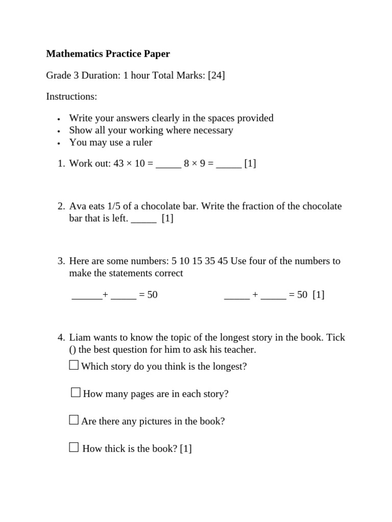 Mathematics Practice Paper Grade 3 | PDF | Chess Theory | Chess