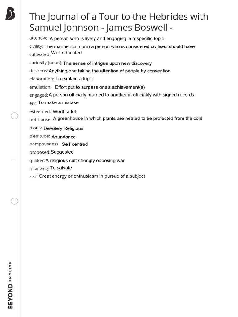 The Journal of A Tour Glossary Sheet | PDF