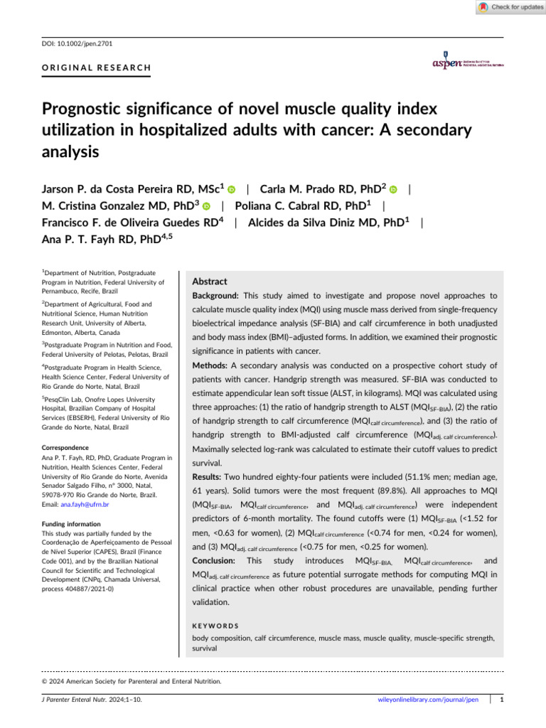 J Parenter Enteral Nutr - 2024 - Costa Pereira - Prognostic ...