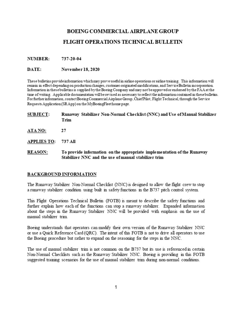 FOTB - Runaway Stabilizer Non-Normal Checklist (NNC) and Use of Manual ...