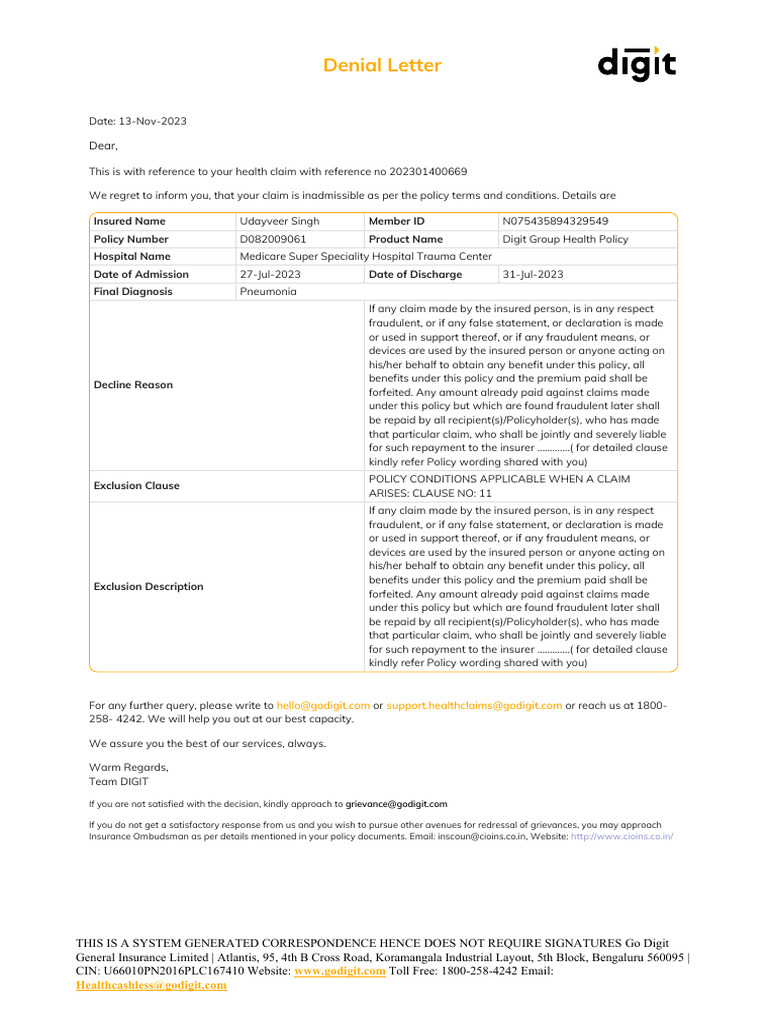 Claim Denial Notification for Udayveer Singh | PDF | Insurance ...