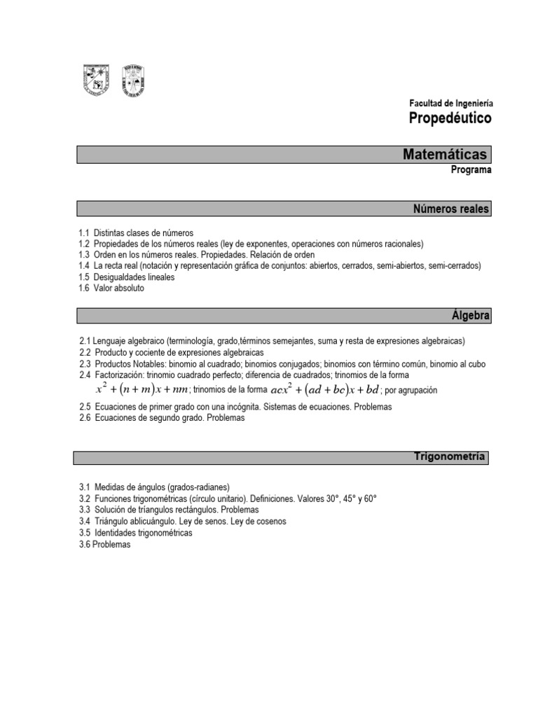 Programa de Matemáticas Propedéutico | PDF | Ecuaciones | Trigonometría