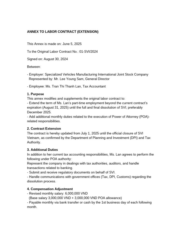 Annex To Labor Contract Ms Lan SVI 2 REVISION 030625 | PDF
