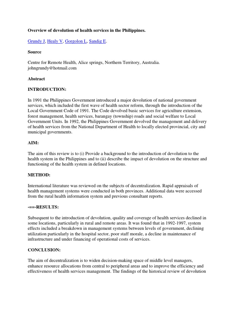 Health Services Devolution in the Philippines | PDF | Devolution ...