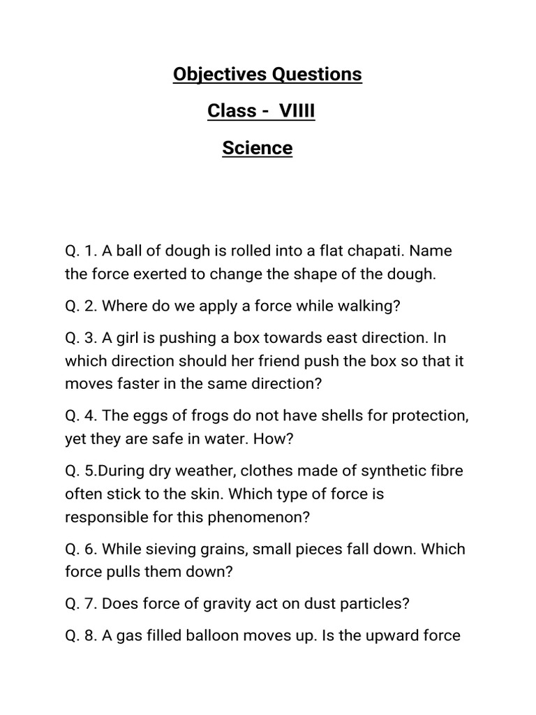 Objective Questions Class 8 Science | PDF | Force | Friction
