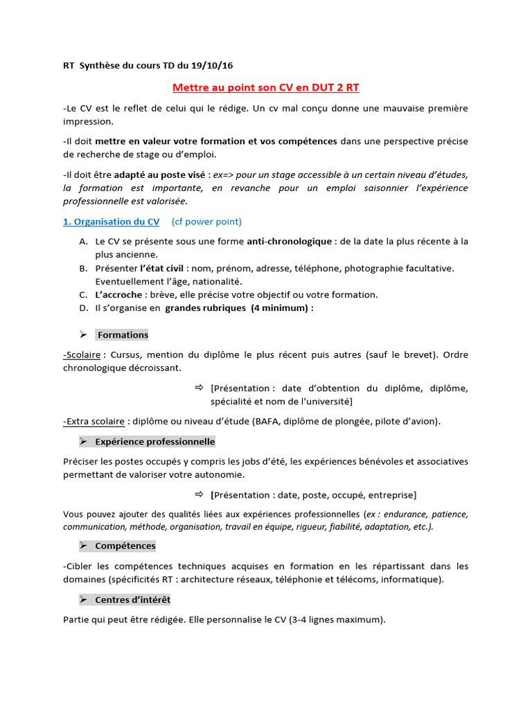 Synth Se Consignes CV | PDF