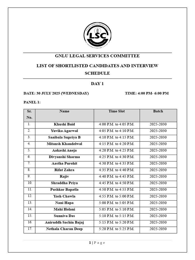 LSC Interview Schedule 2025-30 Batch | PDF