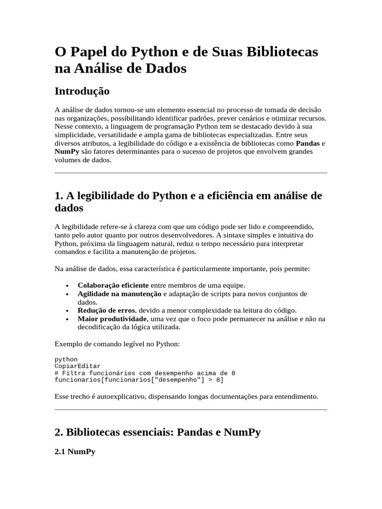 O Papel Do Python e de Suas Bibliotecas Na Análise de Dados | PDF | Python (linguagem de ...