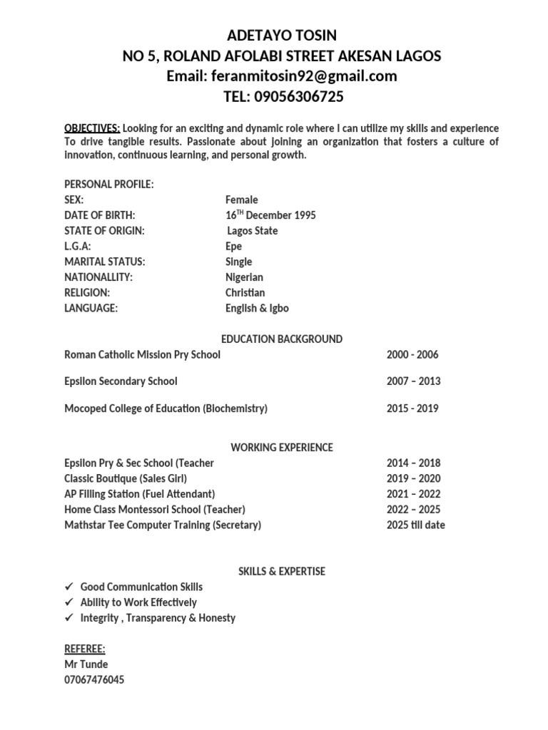 ADETAYO TOSIN: CV & Career Overview | PDF