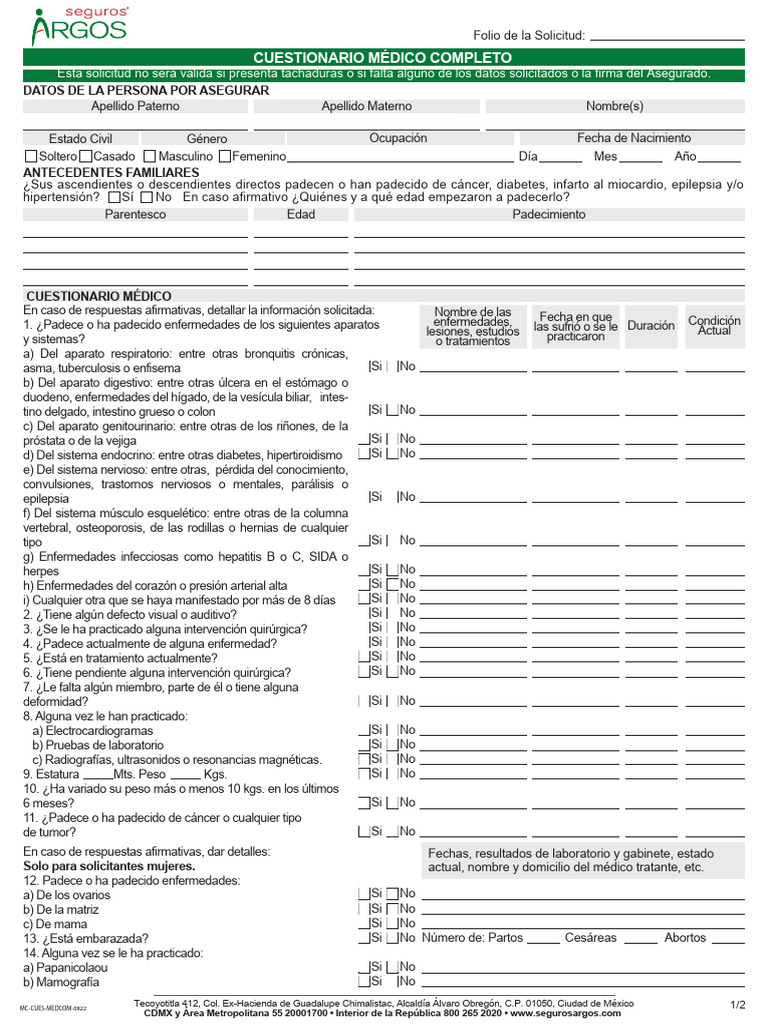 Cuestionario Medico Completo Capturable | PDF | Seguro | Póliza de seguros