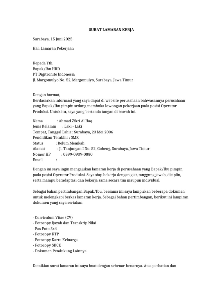 Surat Lamaran Kerja Ahmad Zikri Al Haq (3) | PDF