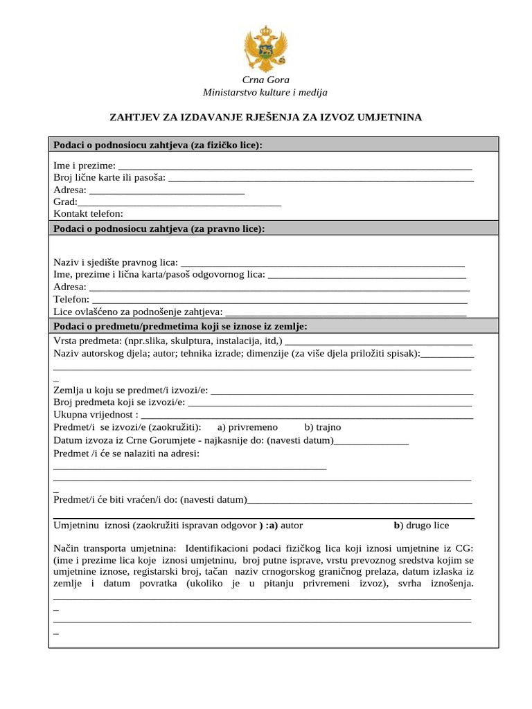 Zahtjev Izvoz Umjetnina Obrazac | PDF