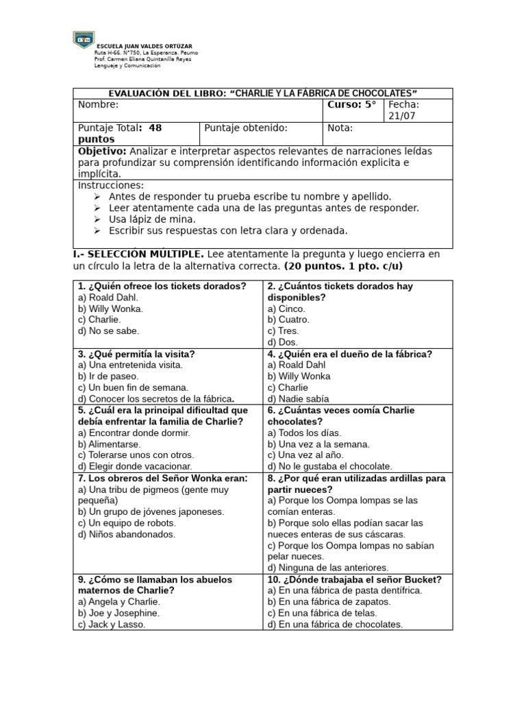 EVALUACIÓN DEL LIBRO Charlie y La Fabrica de Chocolates 5° | PDF