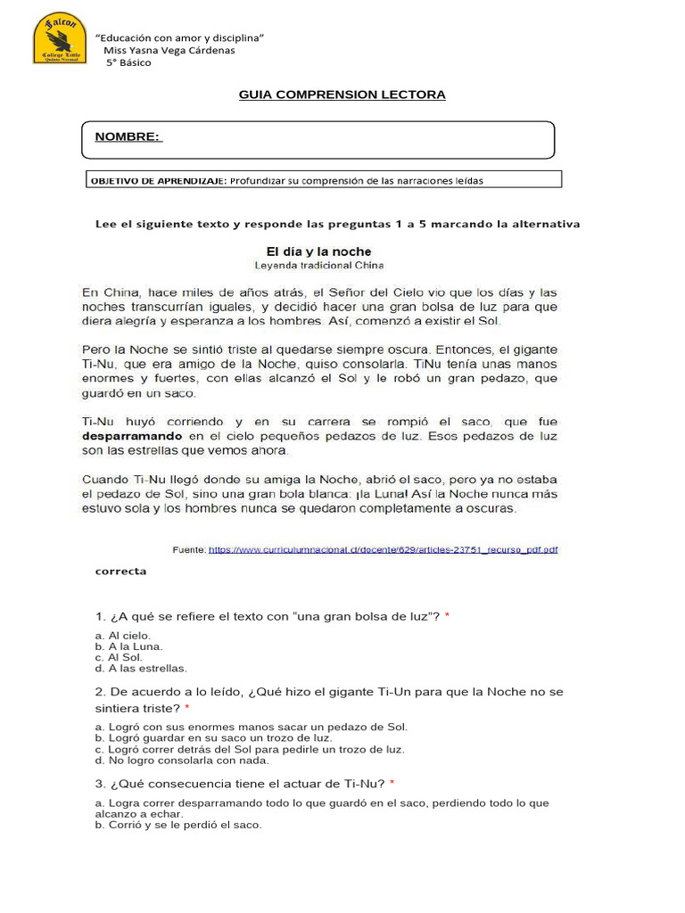 guia comprension lectora 4° agosto | PDF